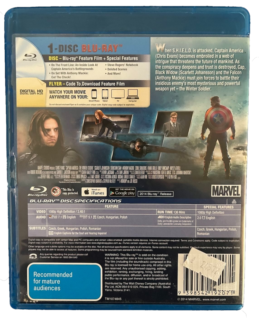 Captain America The Winter Solider Blu-Ray - Bluraystore.com.au